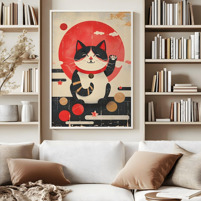 Maneki Neko Poster 1, Japandi Wall Art Lucky Cat Illustration Beckoning ...