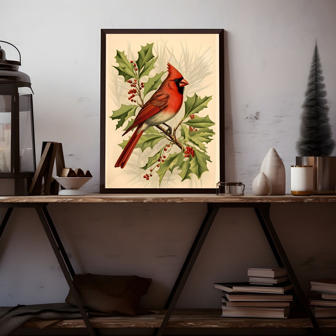 Vintage Botanical Print Northern Cardinal Poster 2, Retro Winter Decor ...