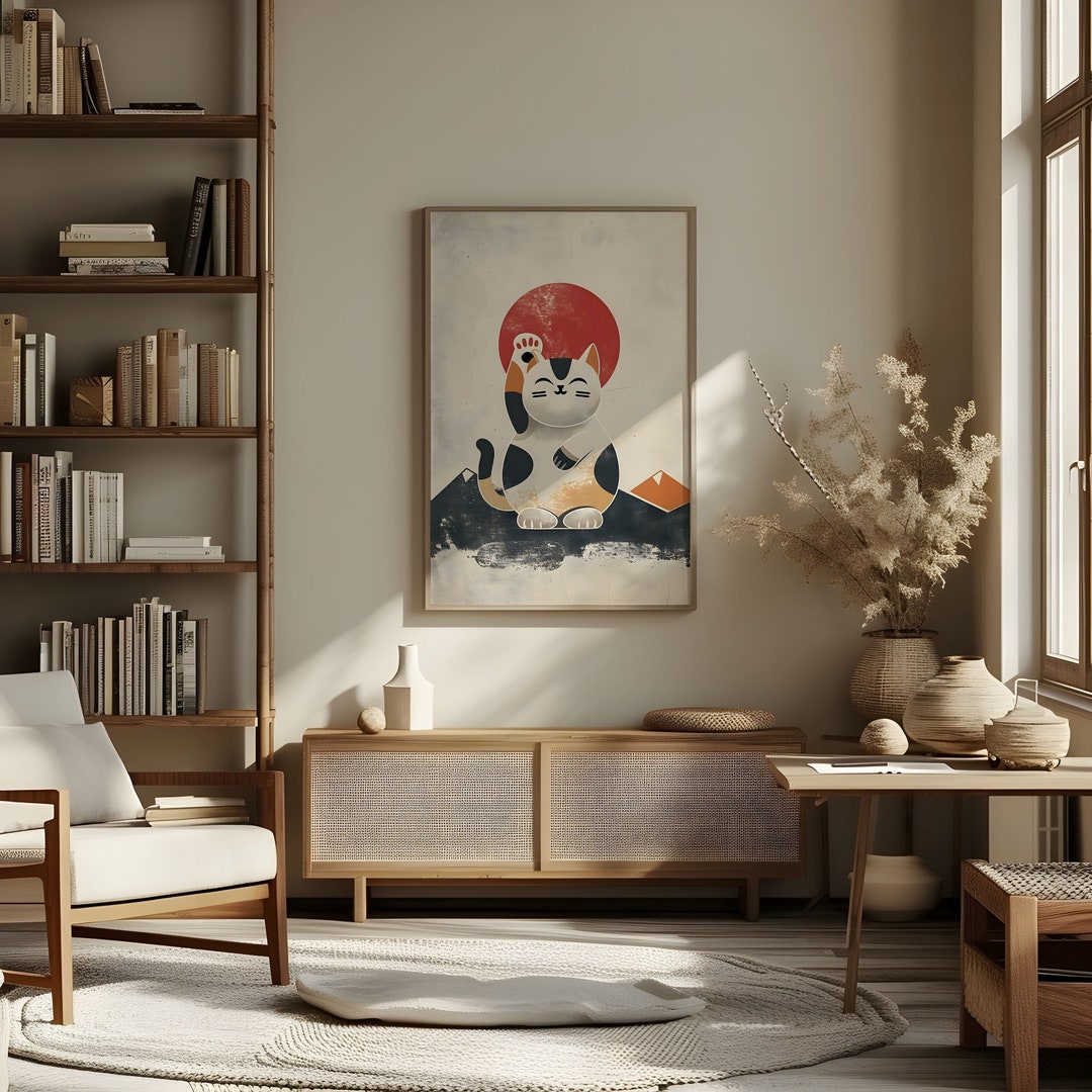 Maneki Neko Poster 3, Japandi Wall Art Cute Little Lucky Cat Print Wabi ...