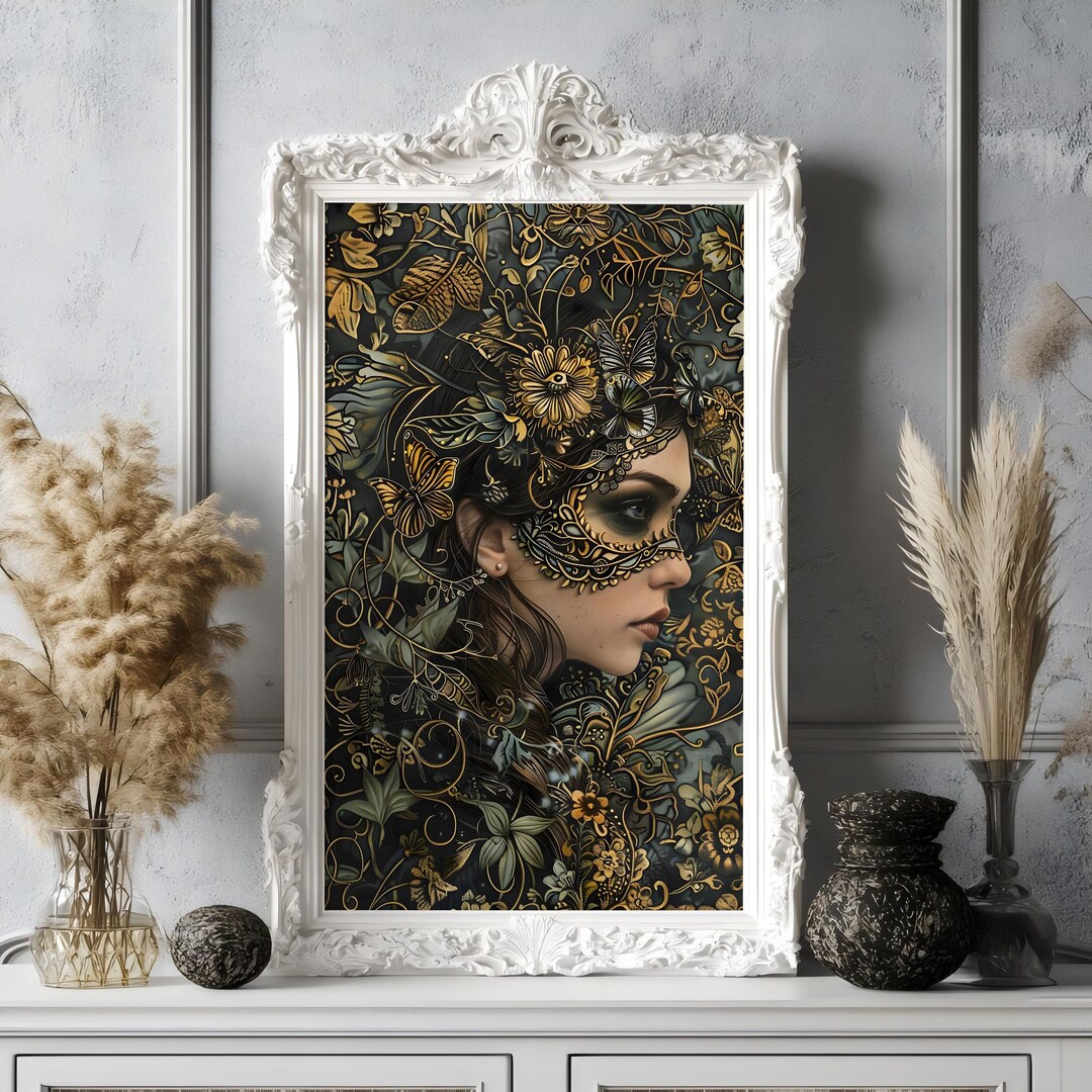 Victorian Masked Woman Poster, Intricate Patterns Decor Flowers and ...