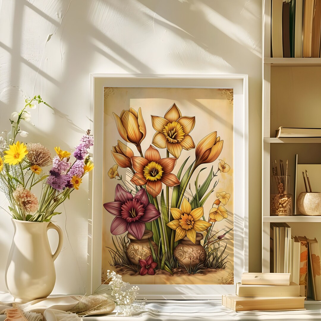 Spring Flowers Retro Botanical Poster 4, Old Book Daffodil Illustration ...