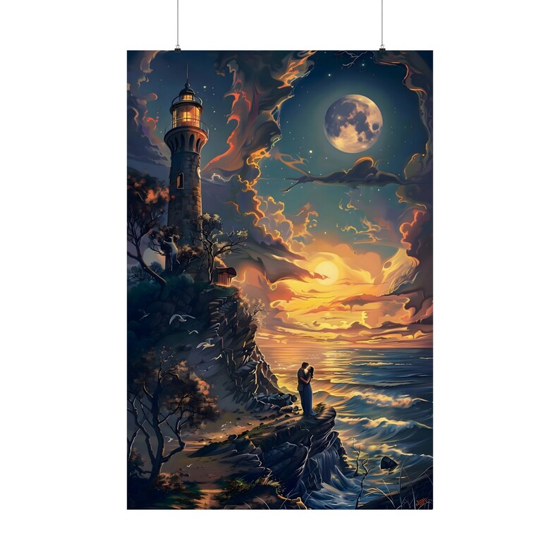 Romantic Lighthouse Couple Poster, Beachy Wall Art Full Moon Sunset ...
