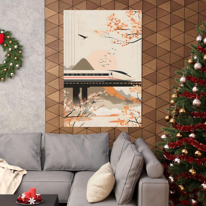Shinkansen and Sakura Poster, Bullet Train Artwork Japandi Wall Art ...