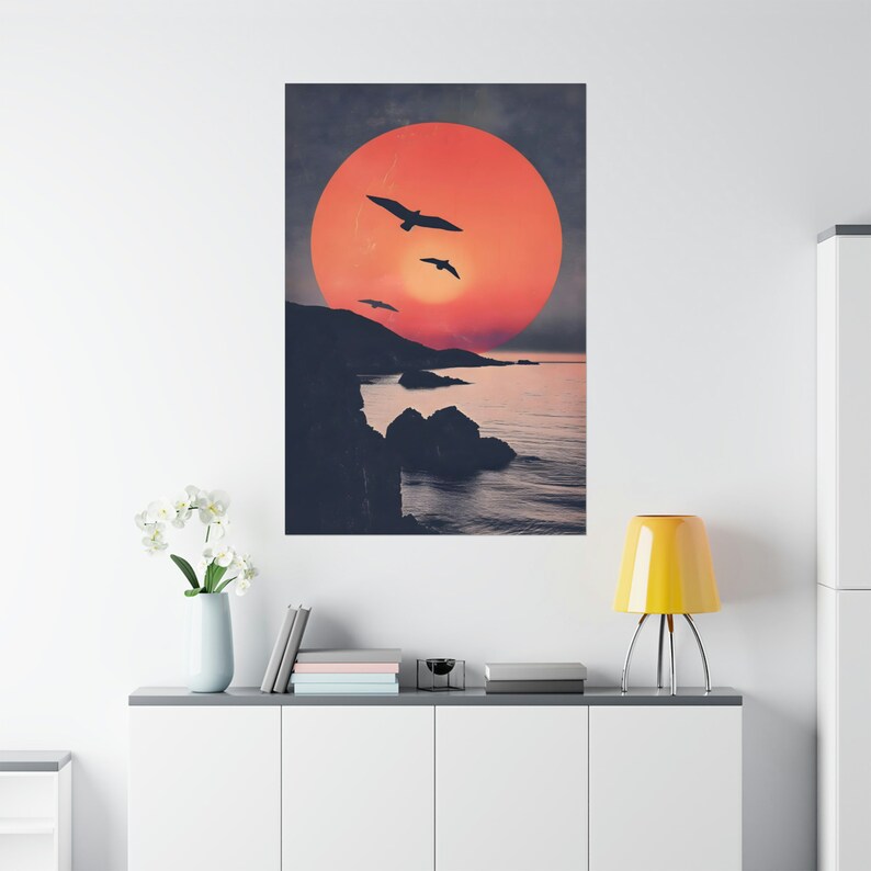 Japanese Sunset Poster 2, Japandi Wall Art Birds and Sun Room Decor ...