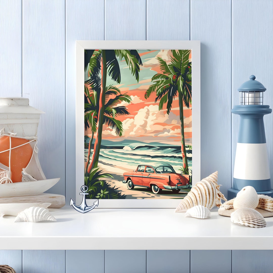 Classic Car Retro Beach Poster Beachy Wall Art Ocean Inspired Style