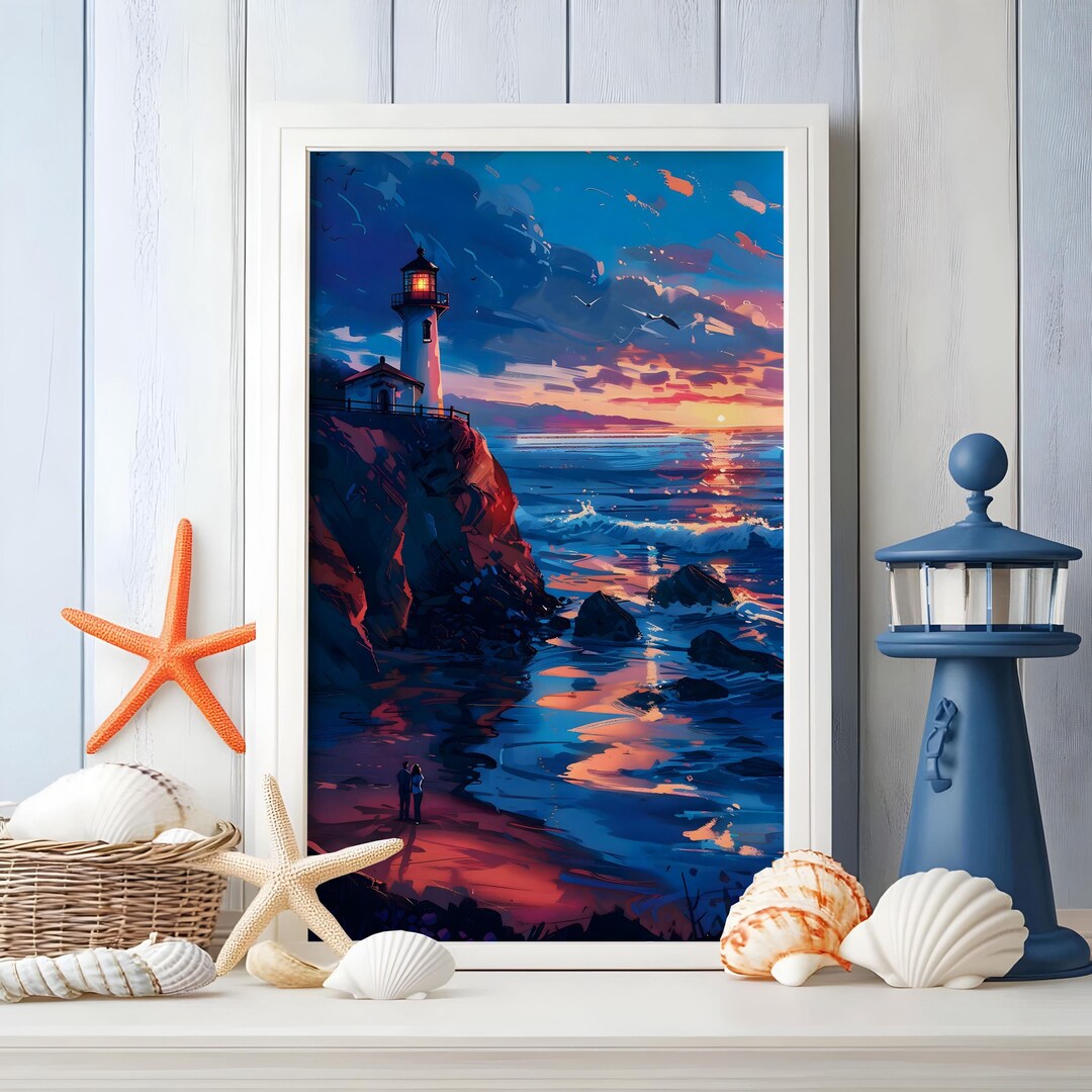 Romantic Lighthouse Walk at Sunset Poster, Beachy Wall Art Ocean ...