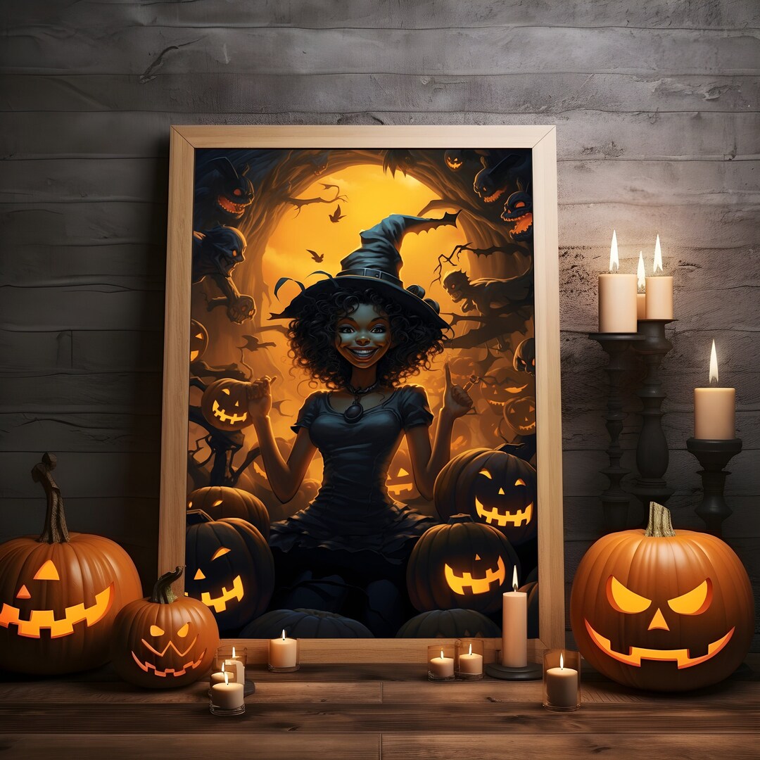Halloween Witch Poster, America Girl in a Witch Costume Wall Art Scary ...
