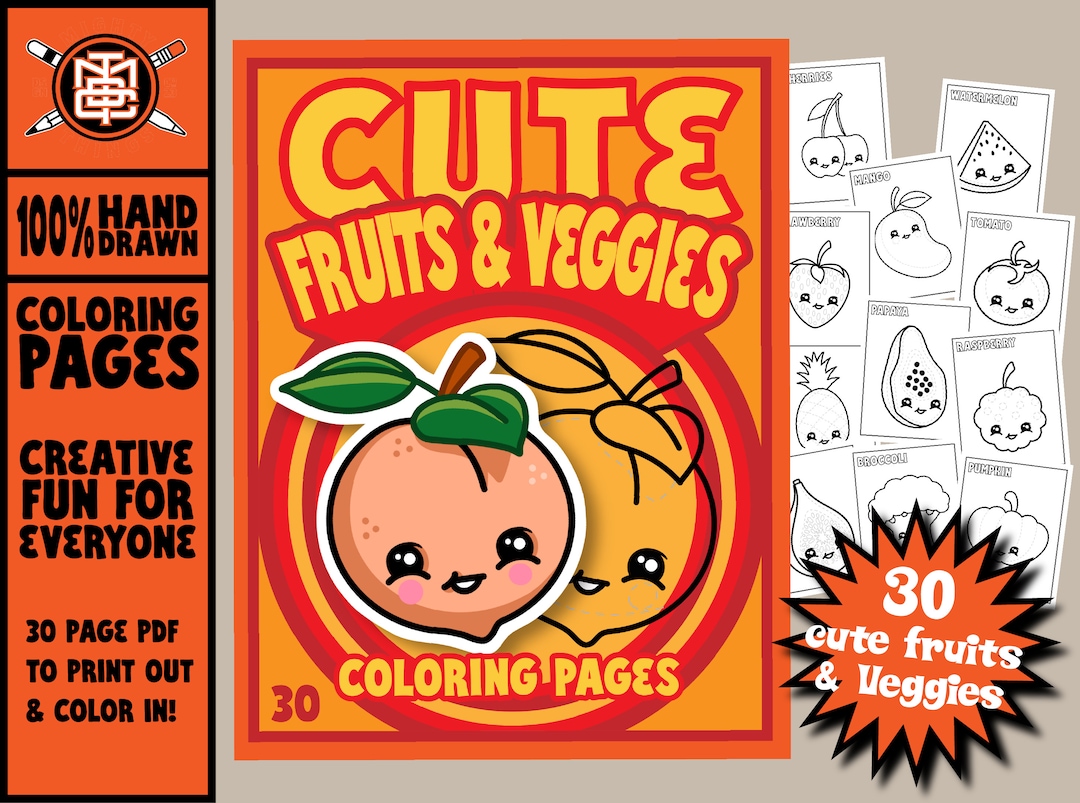 Cute Fruit and Veggies Coloring Book | 30 Printable Coloring Pages ...