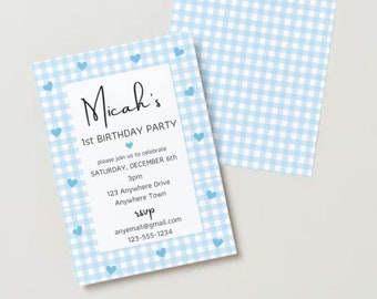 Classic Gingham Boy Birthday Invitation Digital Download Editable ...