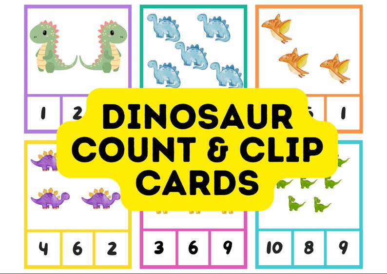 Dinosaur Count & Clip Cards for Preschooler Learning Numbers Counting ...