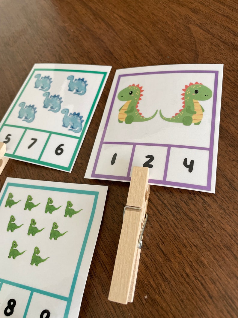Dinosaur Count & Clip Cards for Preschooler Learning Numbers Counting ...