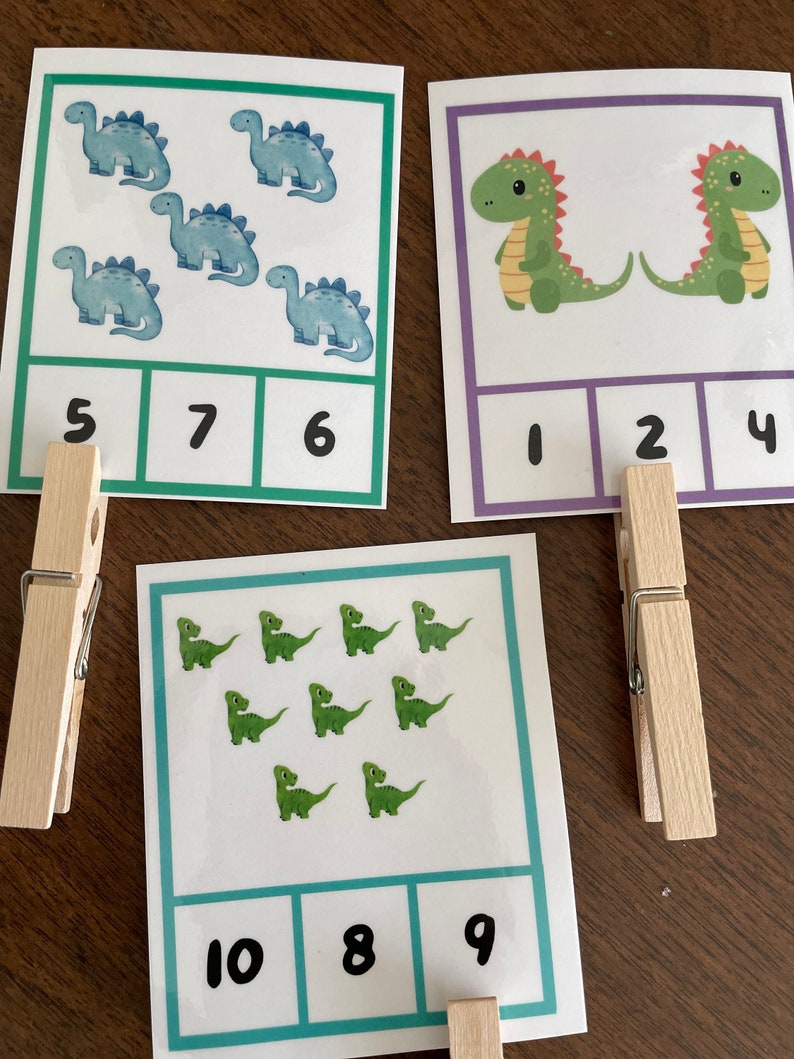 Dinosaur Count & Clip Cards for Preschooler Learning Numbers Counting ...