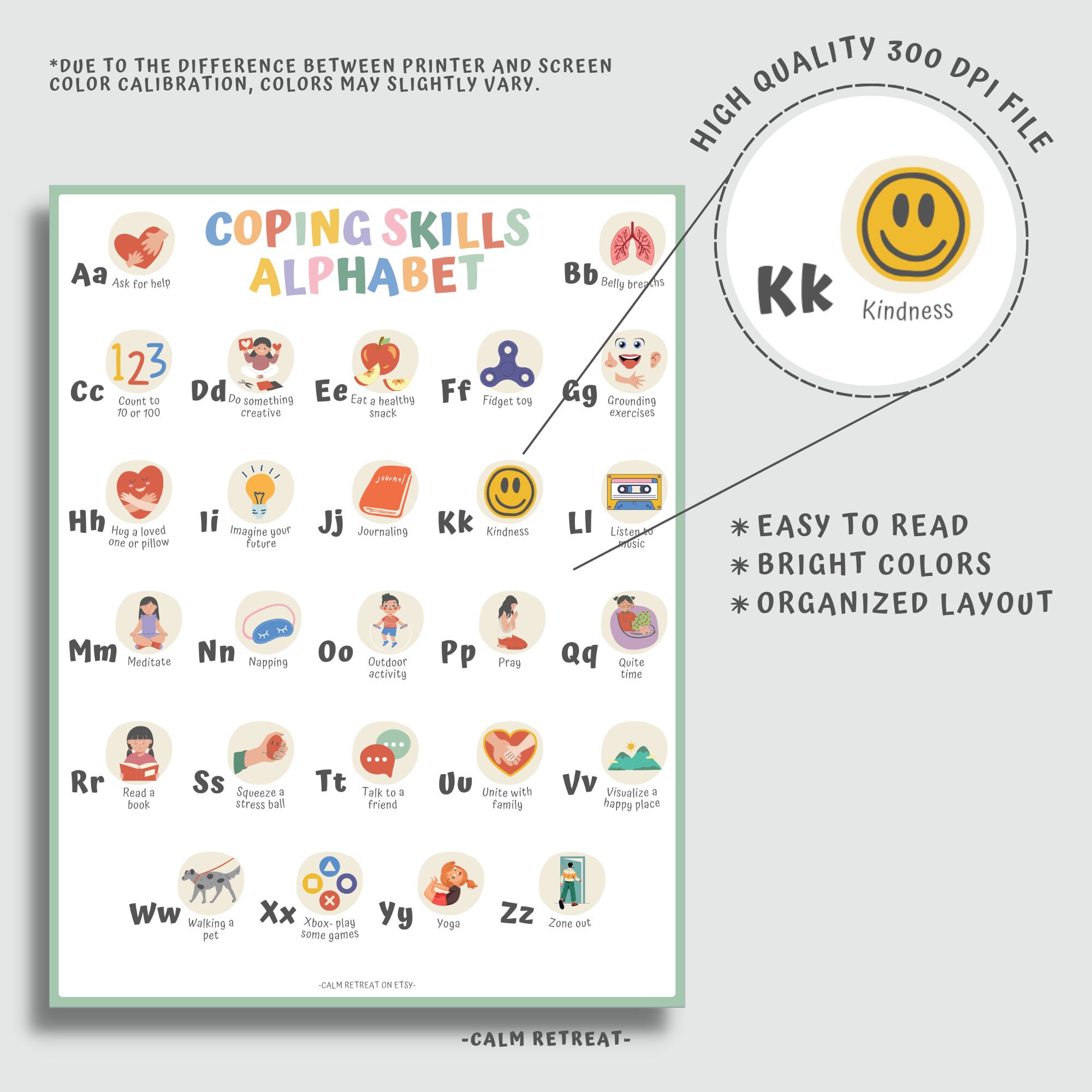 Coping Skills Alphabet Printable, Alphabet Coping Skill, Therapy Office ...