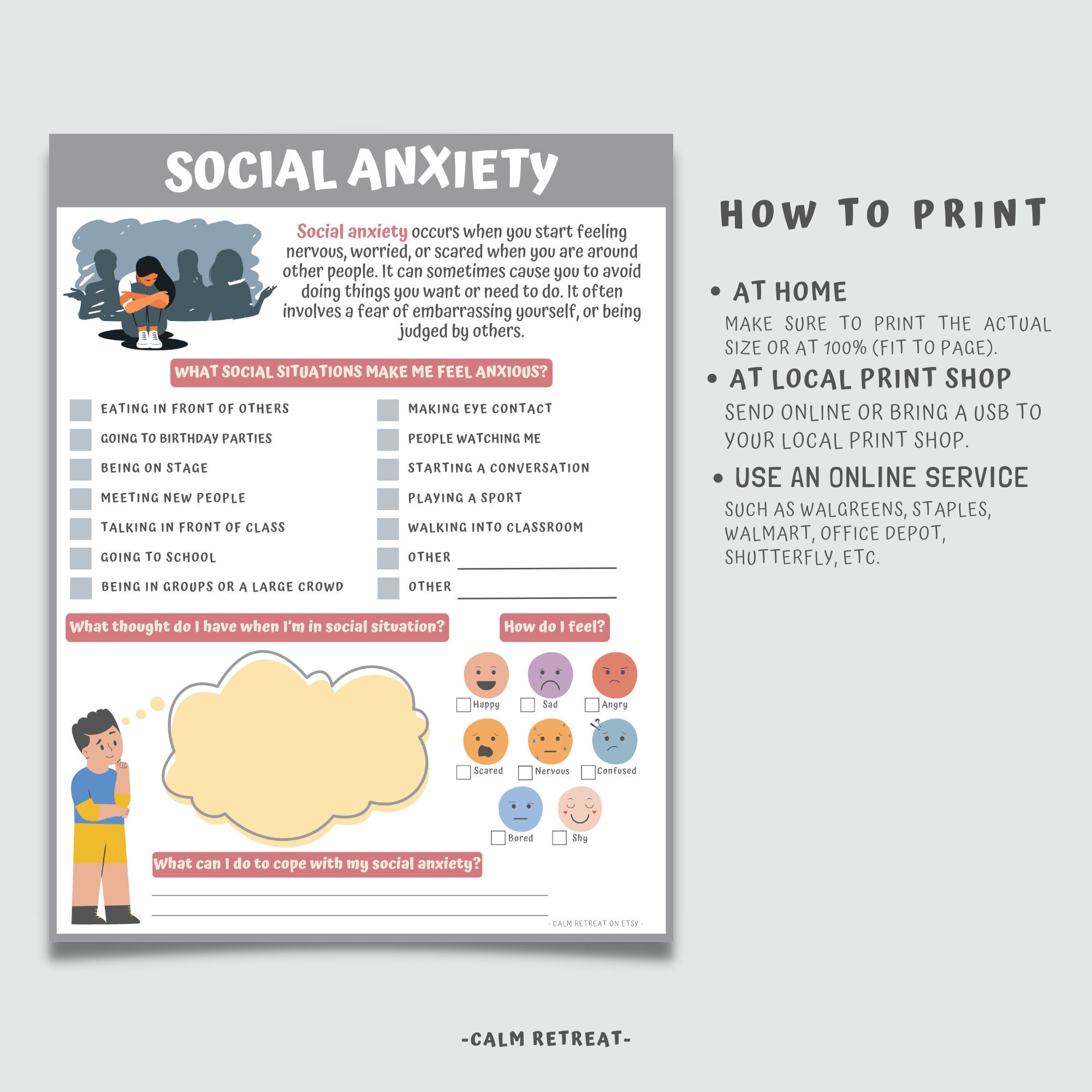 Social Anxiety Fillable Worksheet for Kids & Teens, Social Skills Group ...