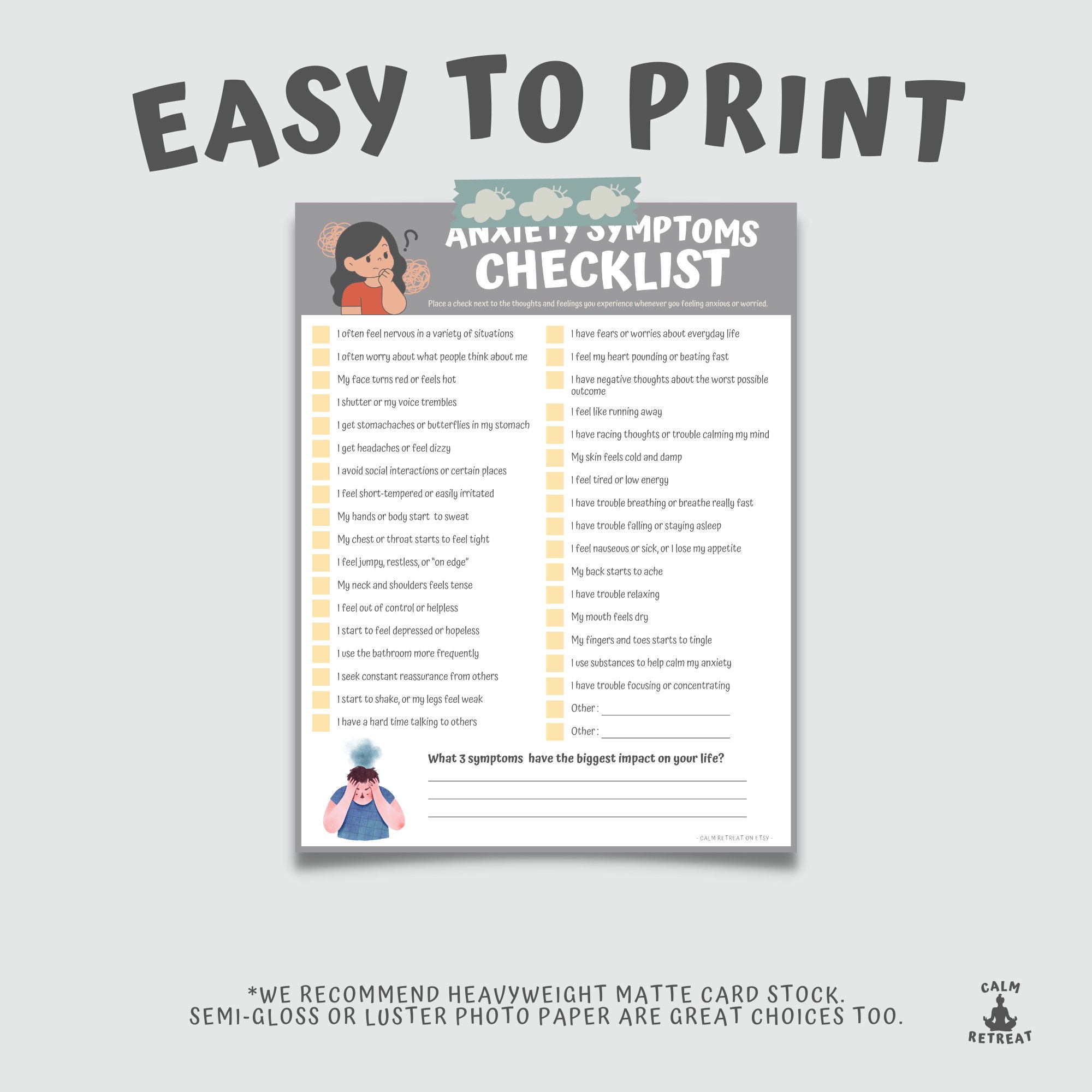 Anxiety Symptoms Checklist Worksheet for Teens & Kids (digital Download ...
