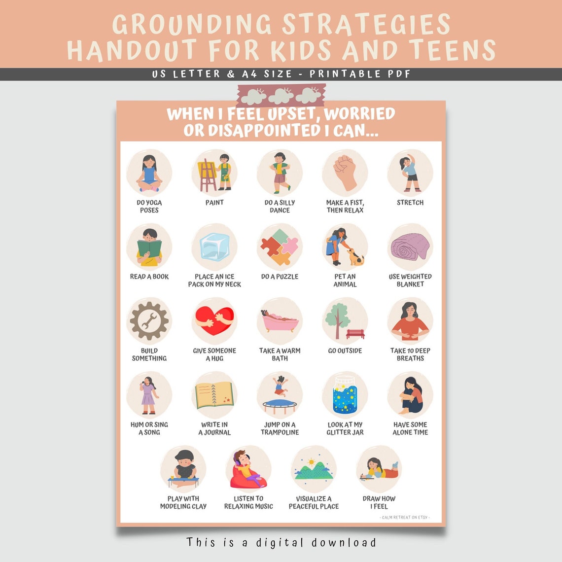 Grounding Strategies for Kids Teens, Calming Techniques Chart, Calm ...