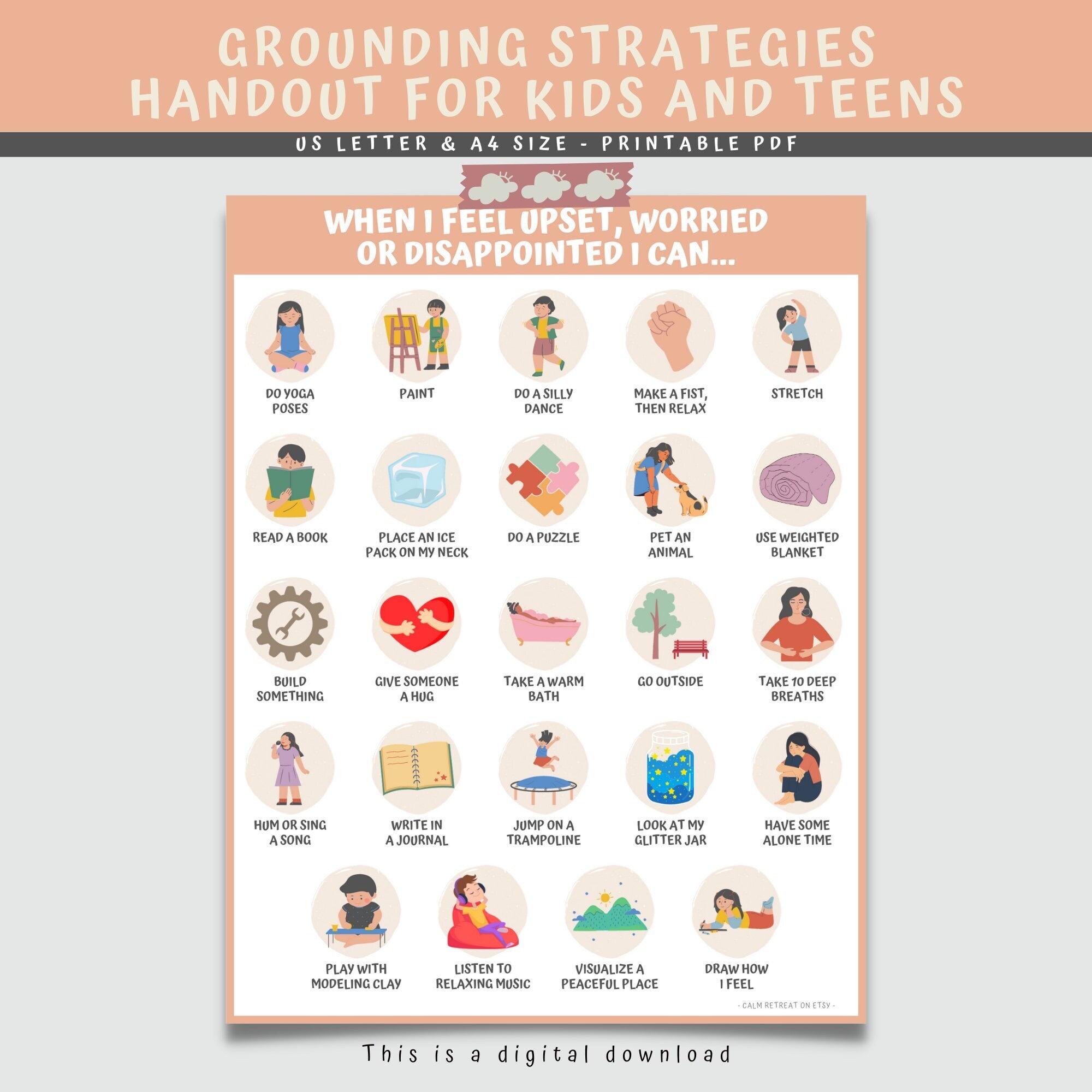 Grounding Strategies for Kids Teens, Calming Techniques Chart, Calm ...