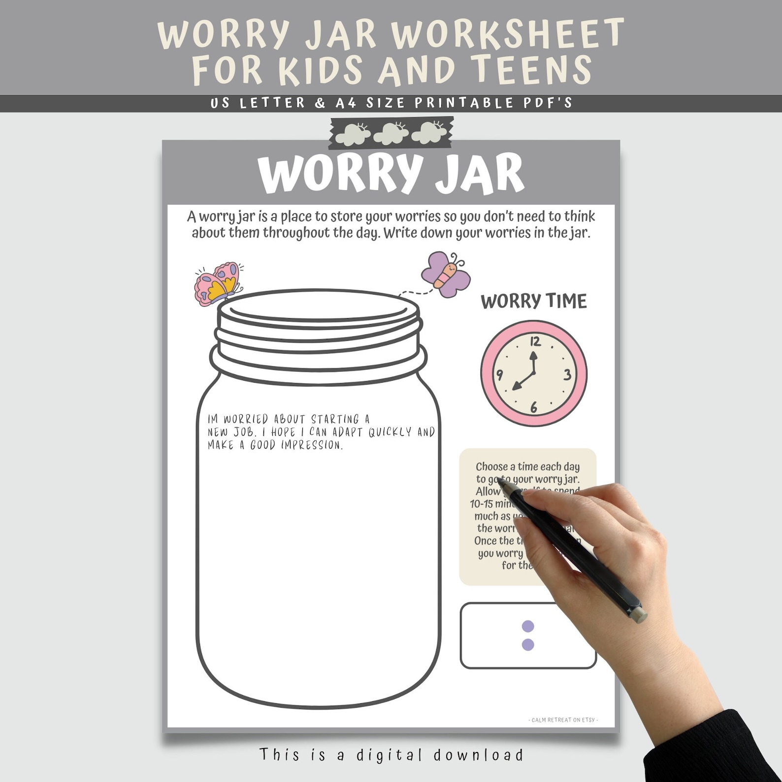 Worry Jar Fillable Worksheet for Kids Children, Printable Therapy ...