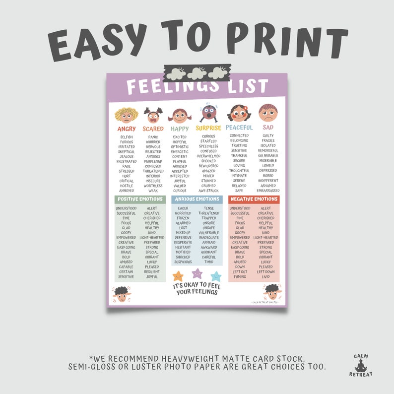 Feelings List for Kids & Teen, Emotions Chart, Social Emotional ...