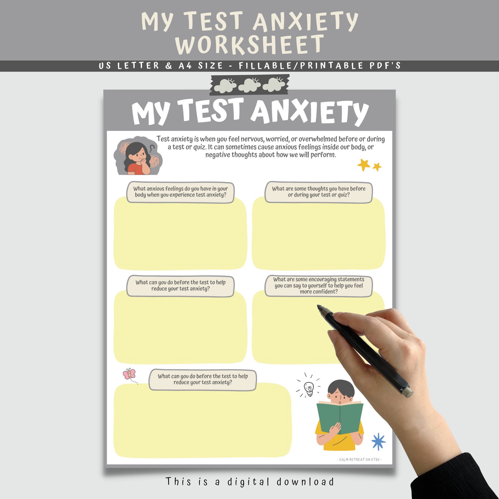 Test Anxiety Fillable Worksheet for Kids Teens, Printable Child Therapy ...