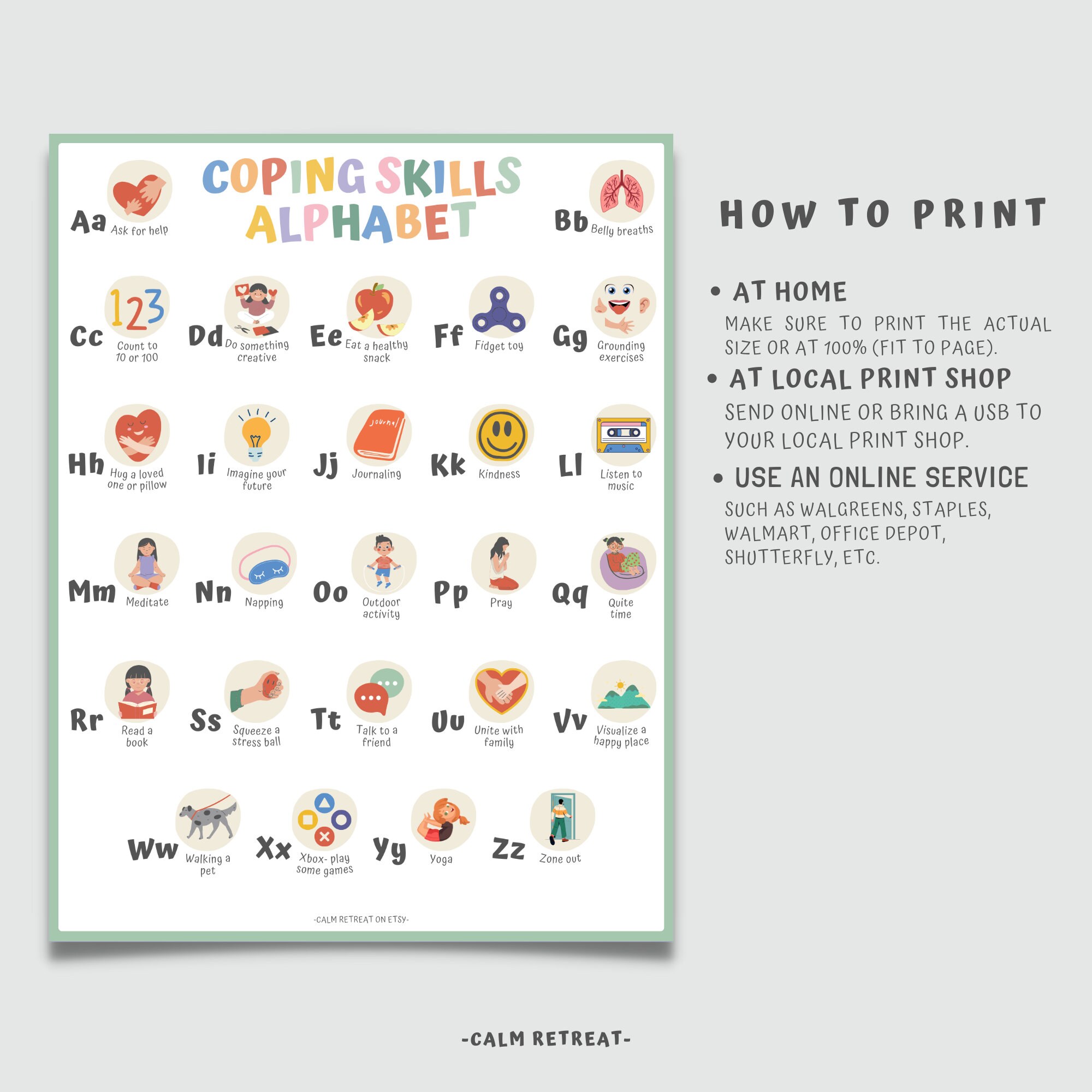 Coping Skills Alphabet Printable, Alphabet Coping Skill, Therapy Office ...