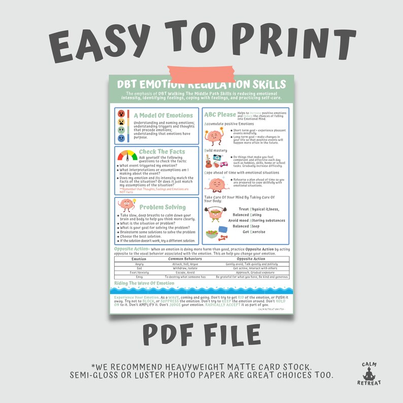 DBT Emotion Regulation Skills Handout: Therapy Counseling Poster (PDF ...