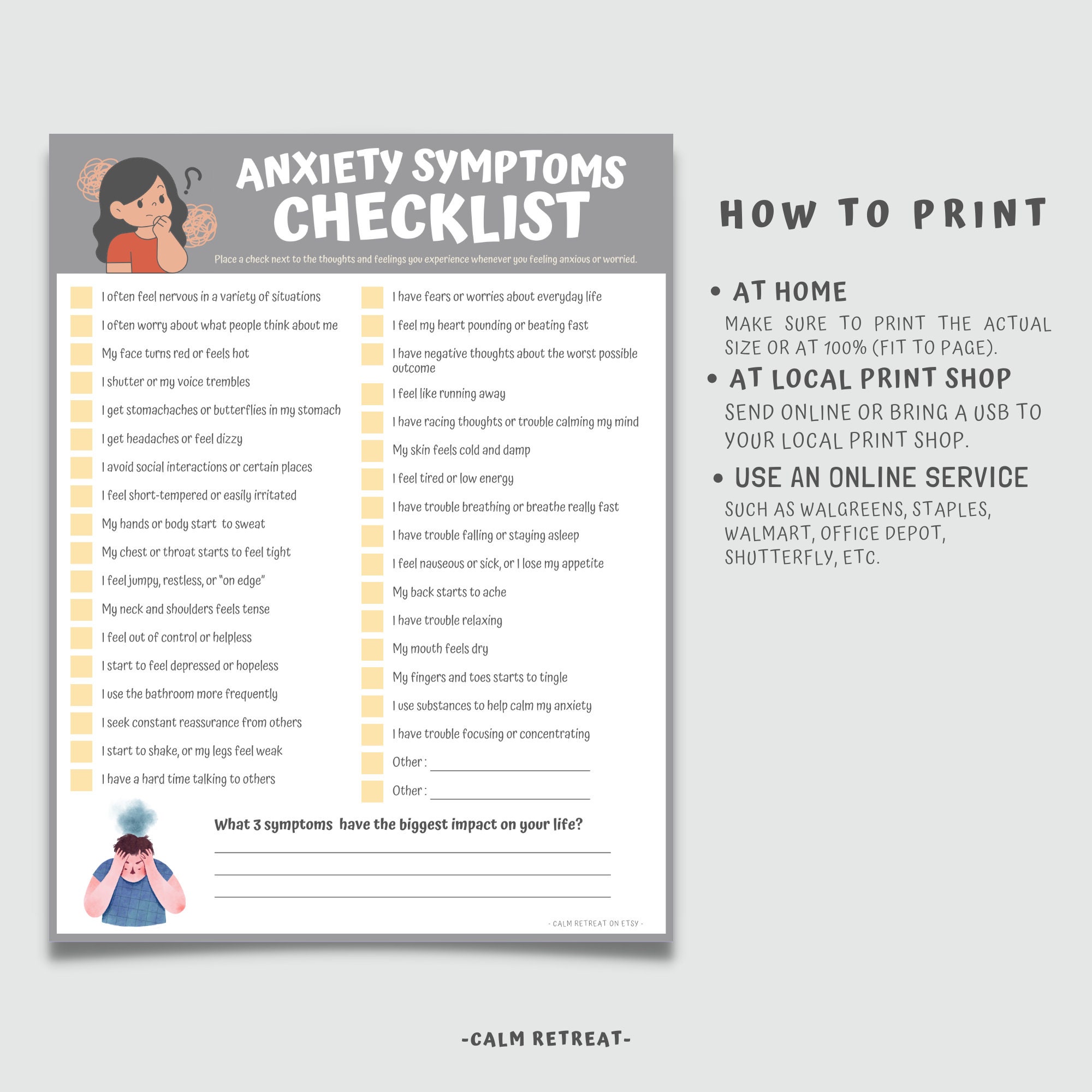 Anxiety Symptoms Checklist Worksheet for Kids & Teens, Adolescent Worry ...