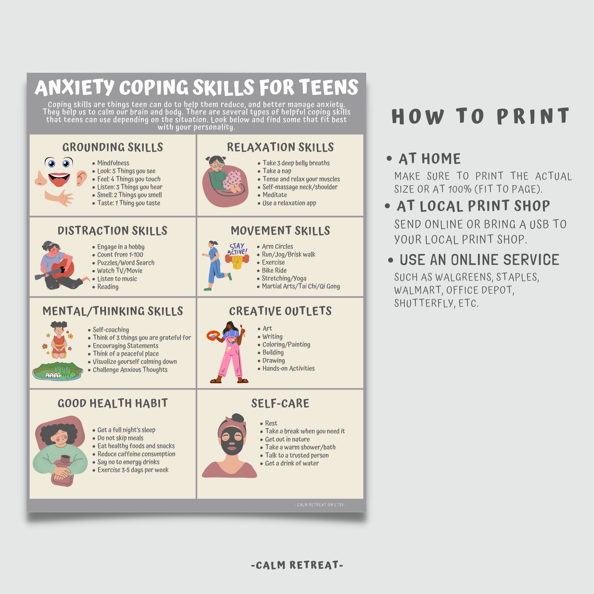 Anxiety Coping Skills Handout for Teens: Calming Techniques (digital ...