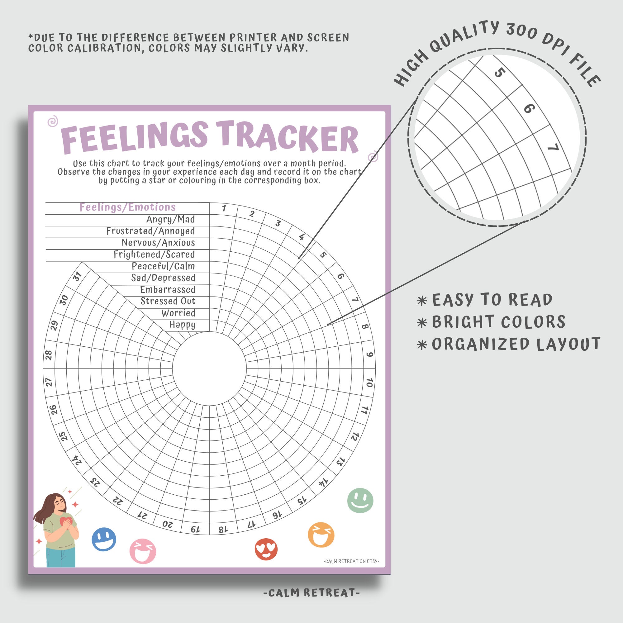 Feelings Emotions Monthly Tracker, Printable Worksheet for Kids ...