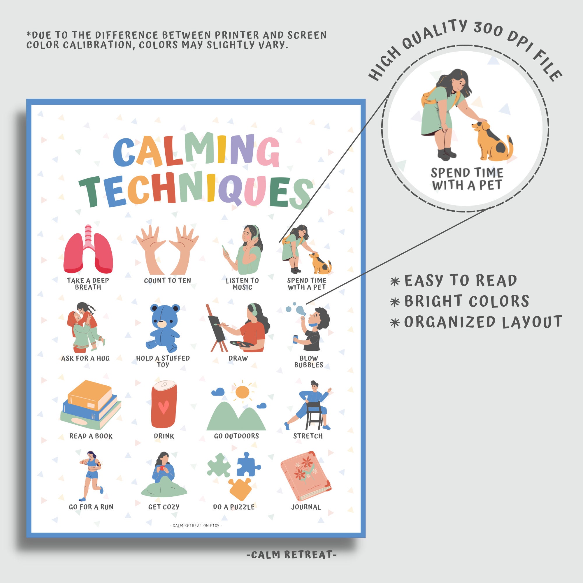 Calming Techniques Poster, Coping Techniques Wall Art for Kids, Calm ...