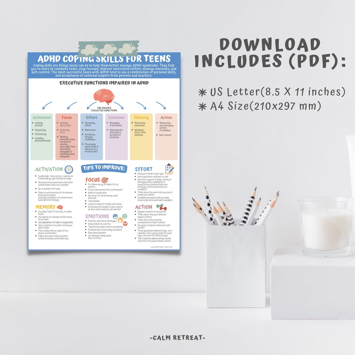 ADHD Coping Skills Handout Poster for Teens, Executive Functioning ...