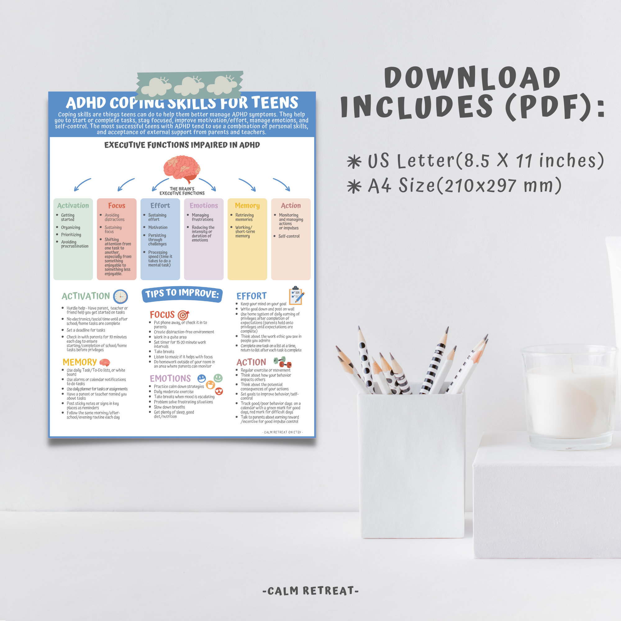 ADHD Coping Skills Handout Poster for Teens: Executive Functioning ...