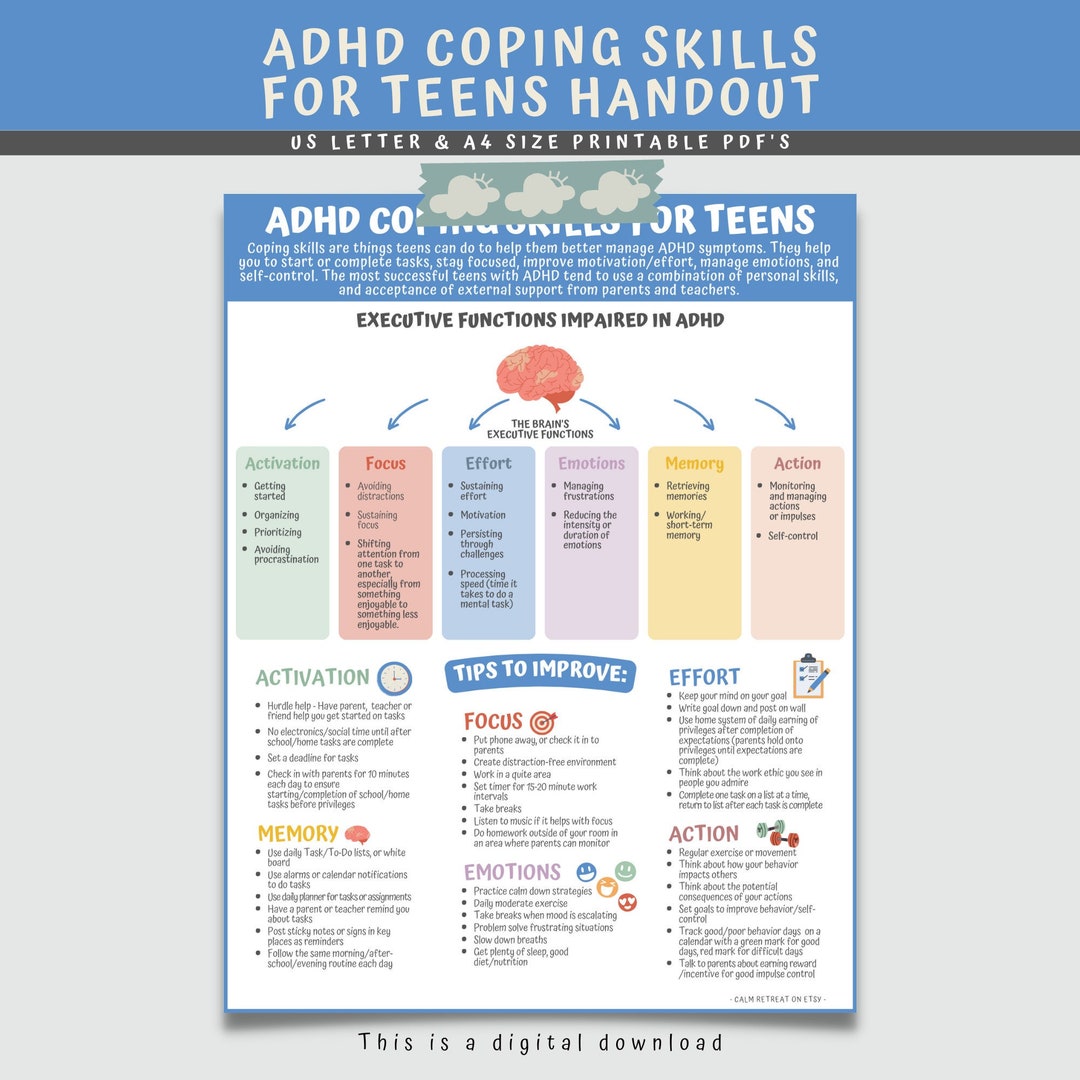 ADHD Coping Skills Handout Poster for Teens, Executive Functioning ...