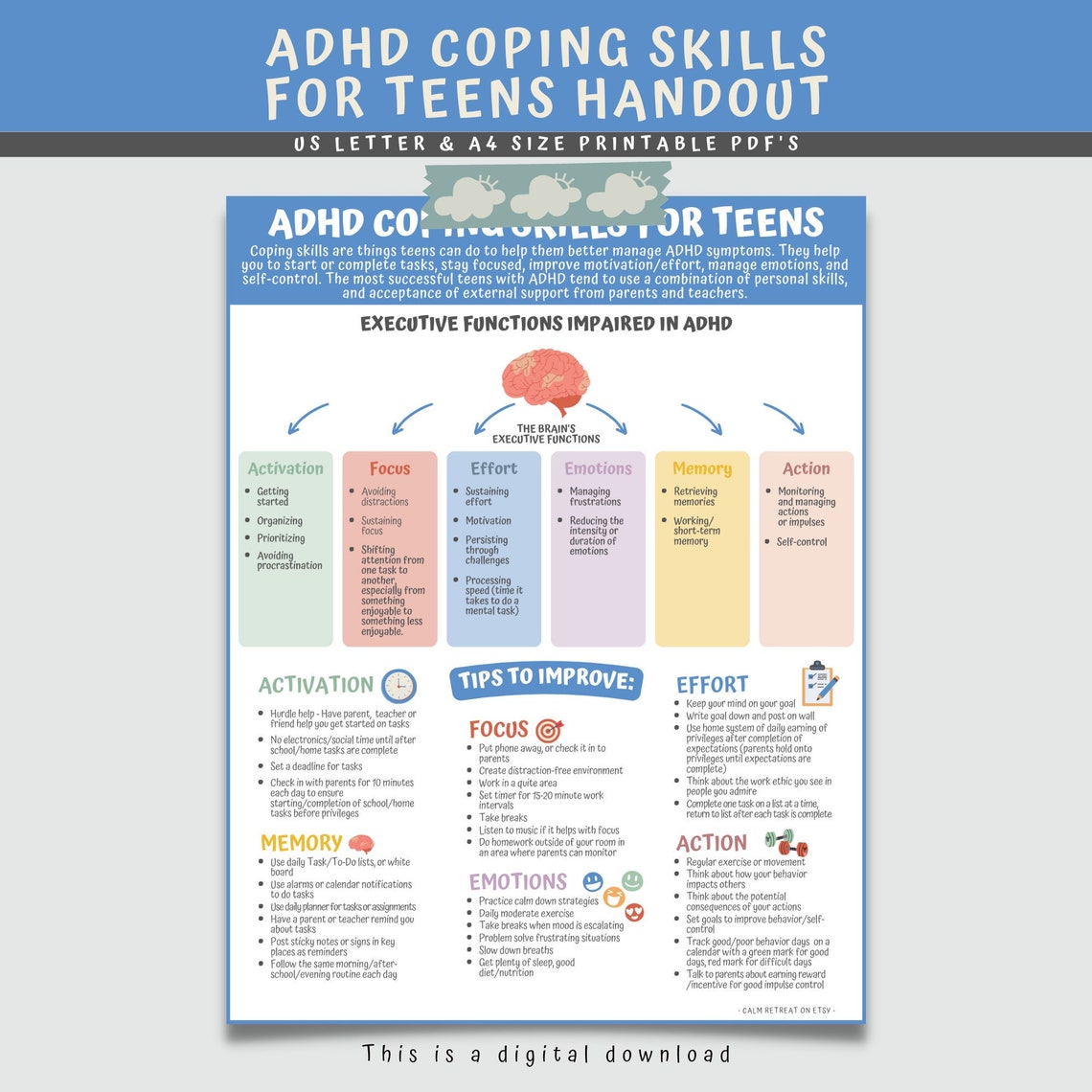 ADHD Coping Skills Handout Poster for Teens, Executive Functioning ...