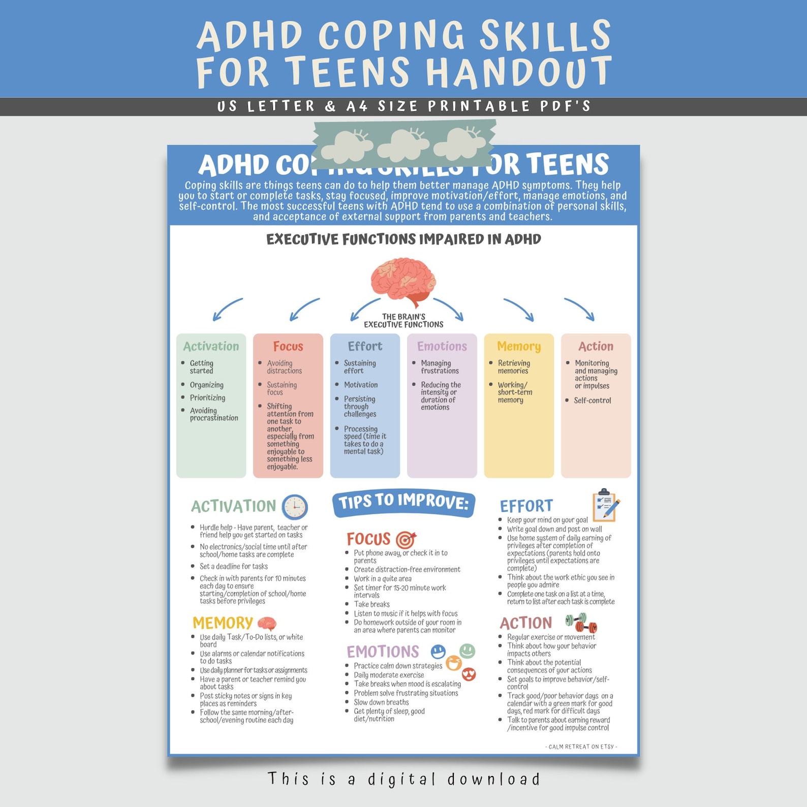 ADHD Coping Skills Handout Poster for Teens, Executive Functioning ...