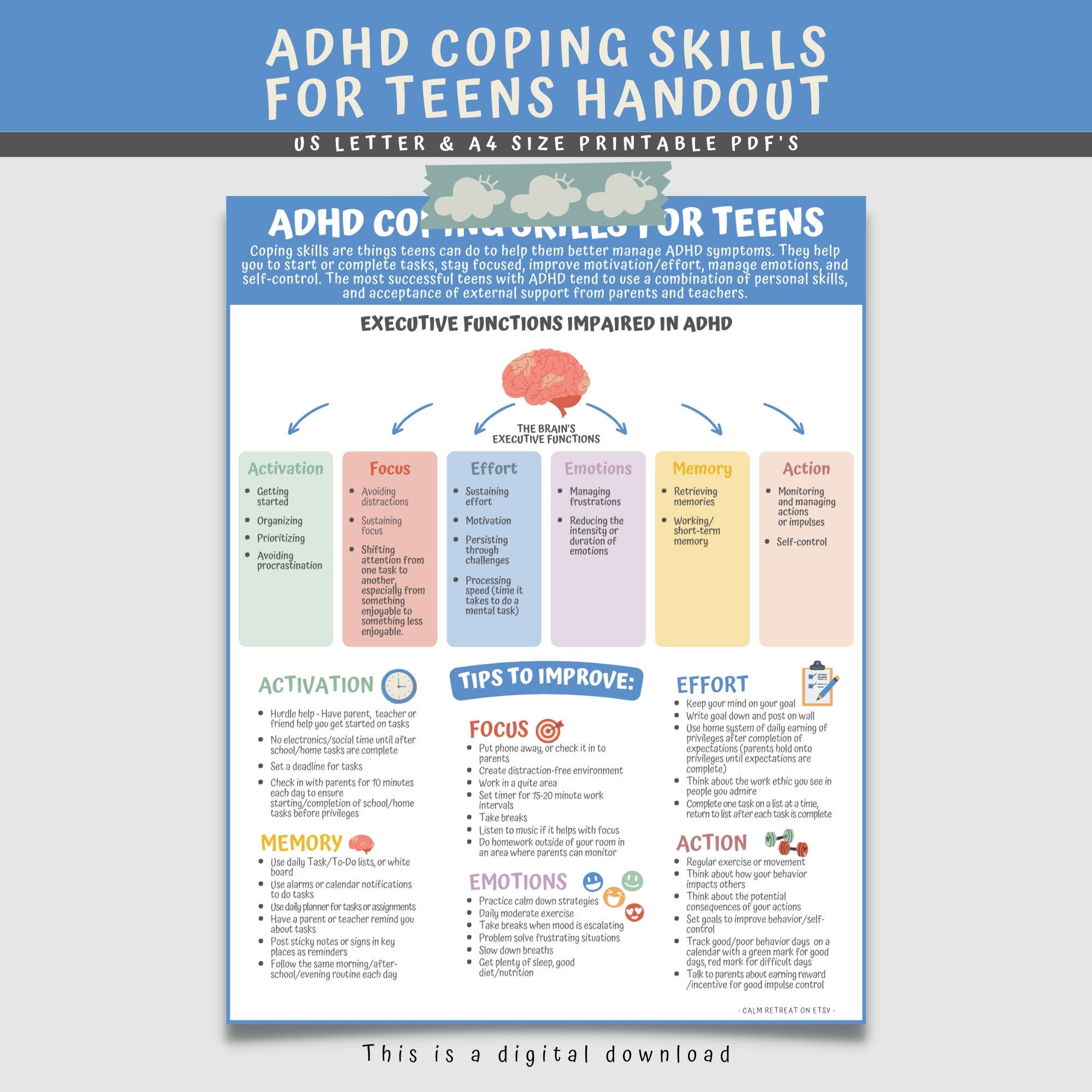 ADHD Coping Skills Handout Poster for Teens, Executive Functioning Skills, Attention Deficit ...