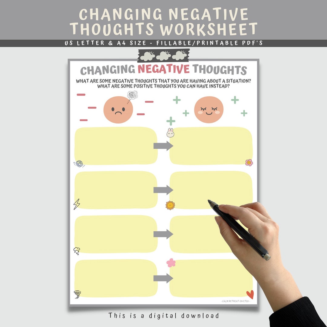 Changing Negative Thoughts CBT Skills Fillable Worksheet Kids Children ...