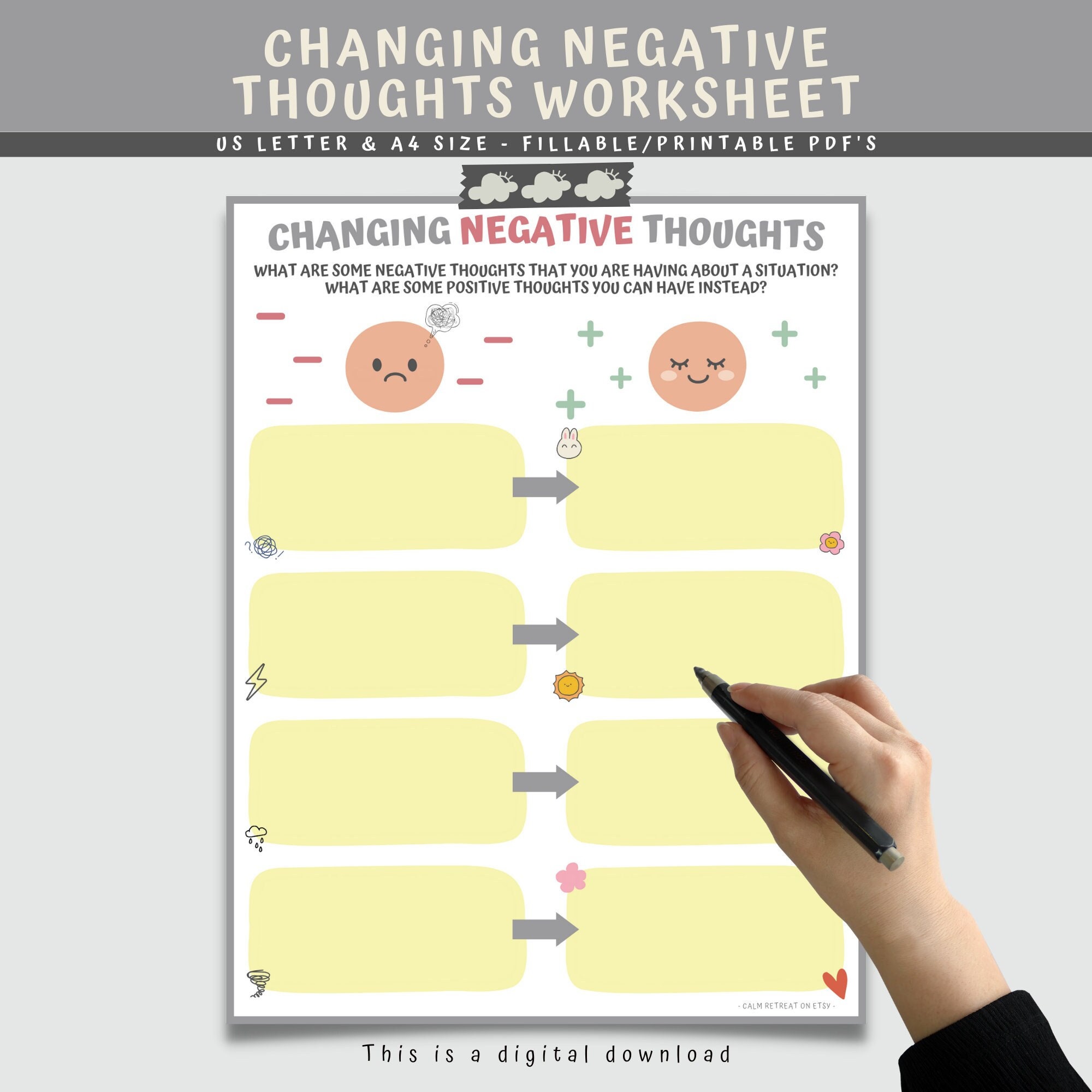 Changing Negative Thoughts CBT Skills Fillable Worksheet Kids Children ...