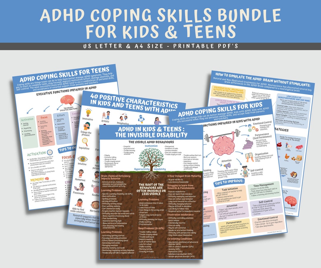 5 ADHD Printable Handout Bundle for Kids & Teens, Child Therapy Posters ...