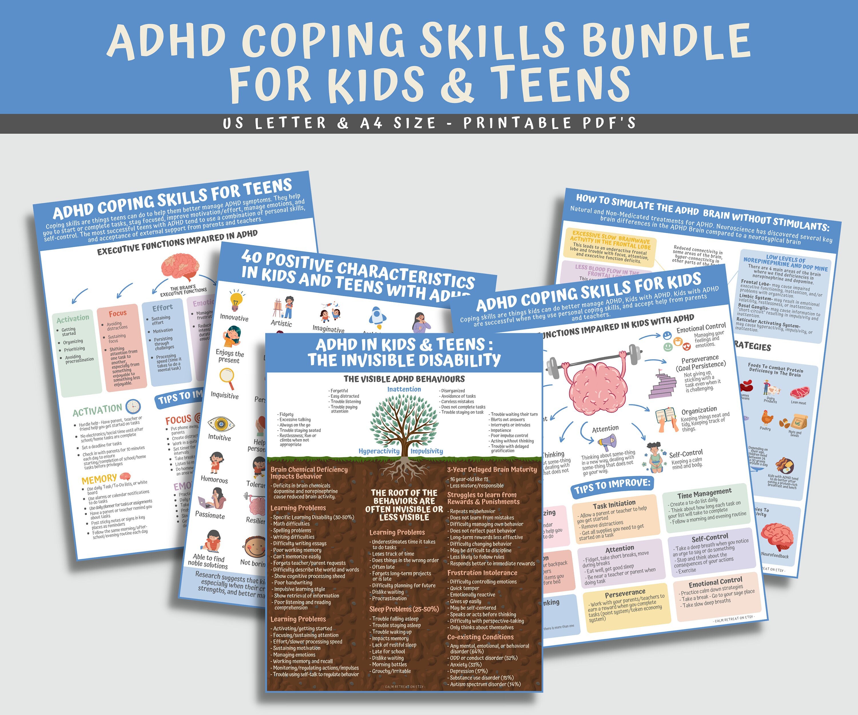 5 ADHD Printable Handout Bundle for Kids & Teens, Child Therapy Posters ...