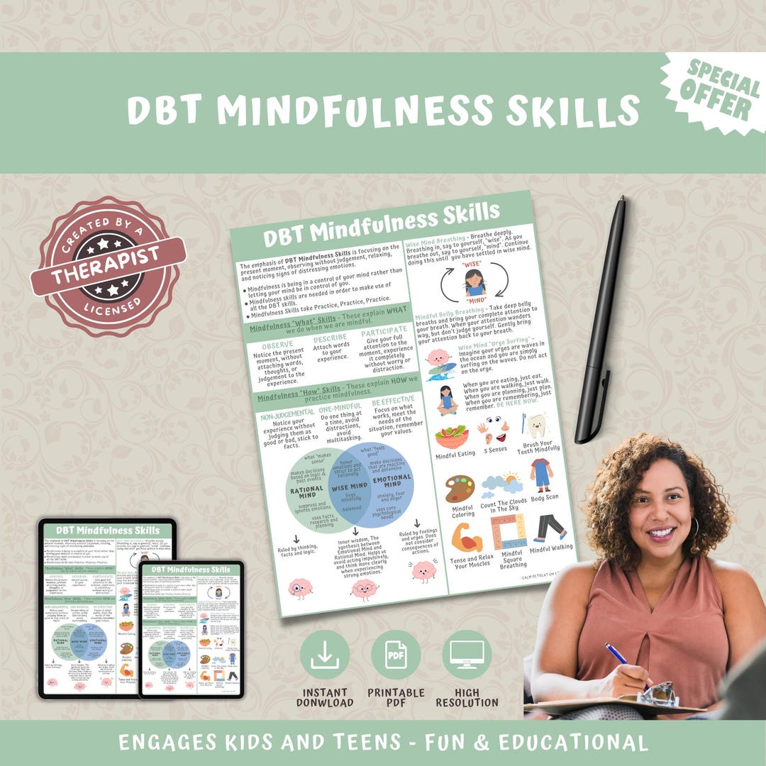 DBT Mindfulness Coping Skills Handout Poster, Therapist Counselor, Wise ...