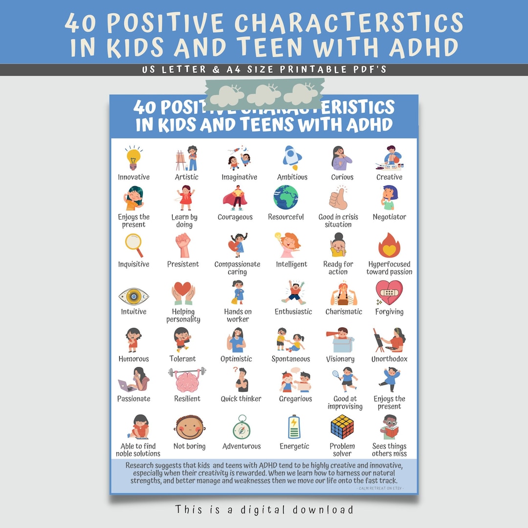 40 Positive Characteristics Kids Teens ADHD, ADHD Printable Poster for ...