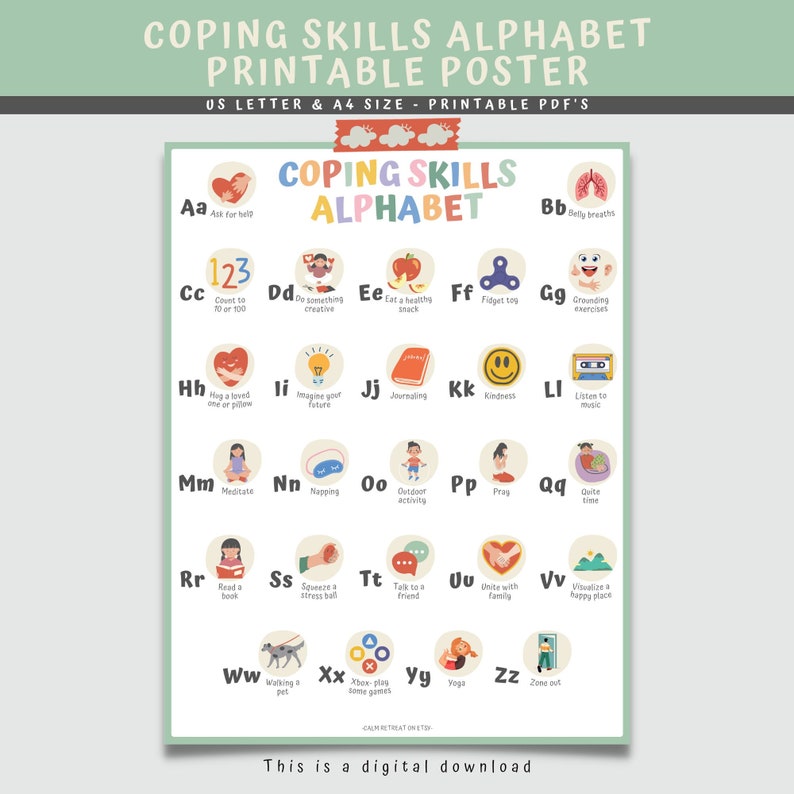Coping Skills Alphabet Printable, Alphabet Coping Skill, Therapy Office ...