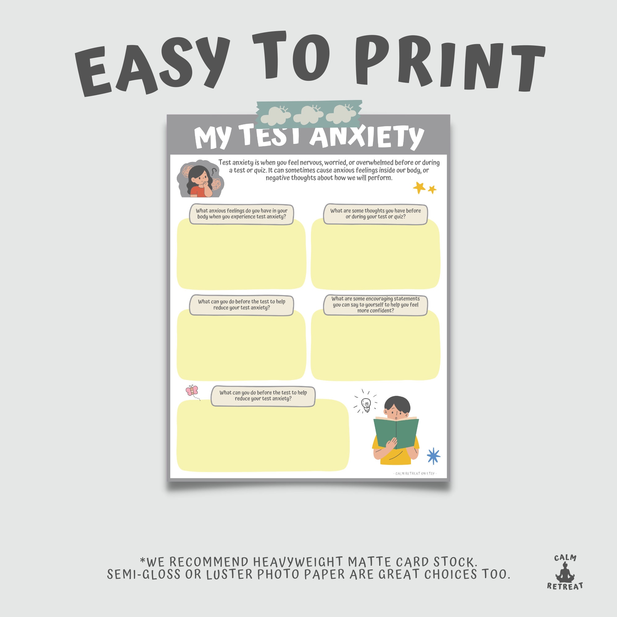 Test Anxiety Fillable Worksheet for Kids Teens, Printable Child Therapy ...