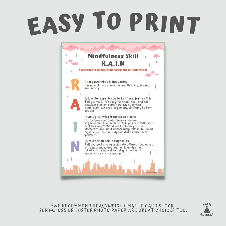 DBT RAIN Skill Handout: Emotion Regulation Therapy Poster (digital ...