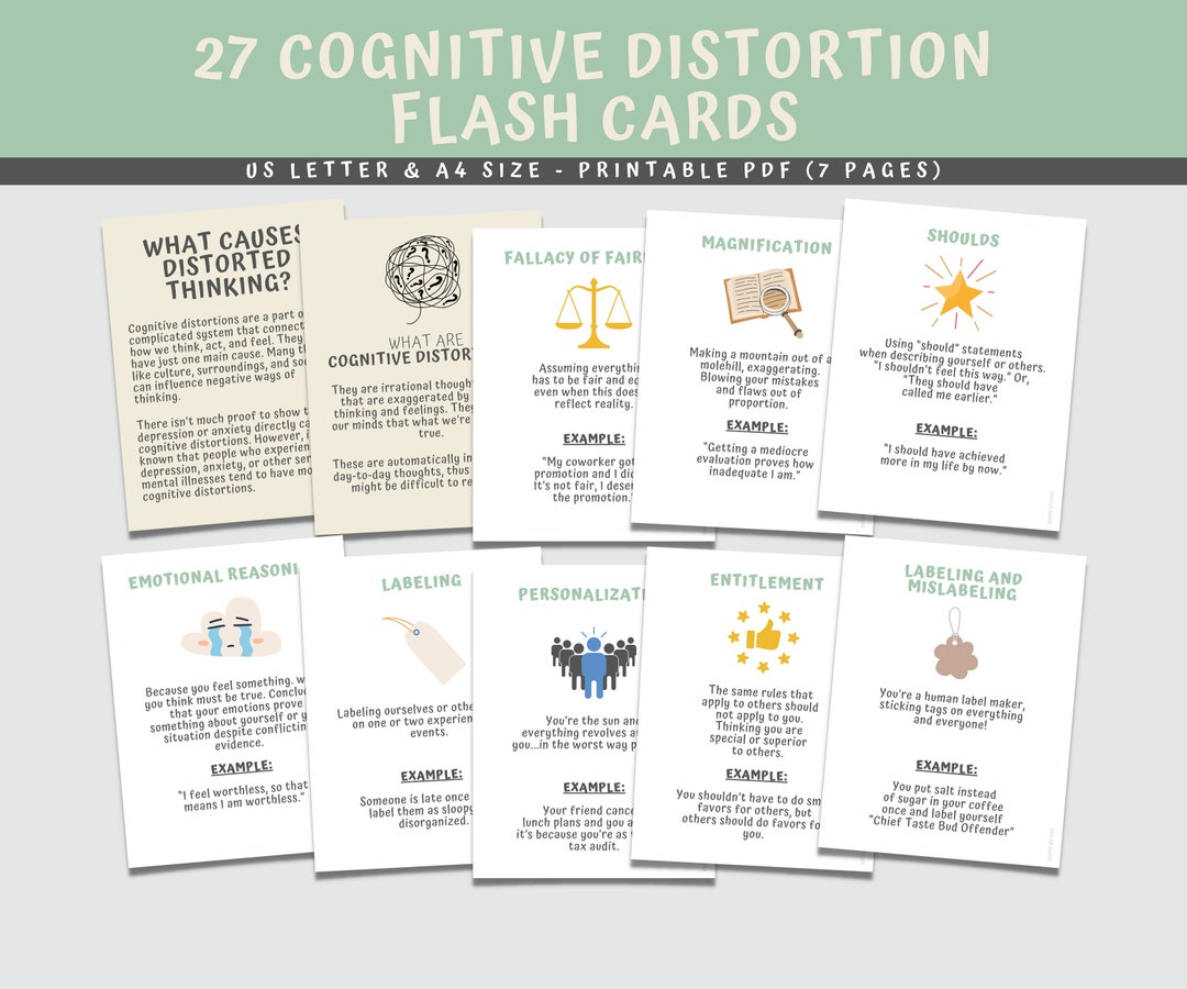 Cognitive Distortion Flash Cards, CBT Therapy, Cognitive Behavioral ...