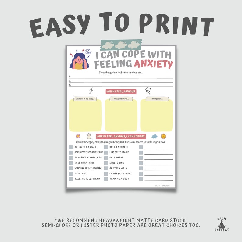 Anxiety Coping Skills Fillable Worksheet for Kids & Teens, Printable ...