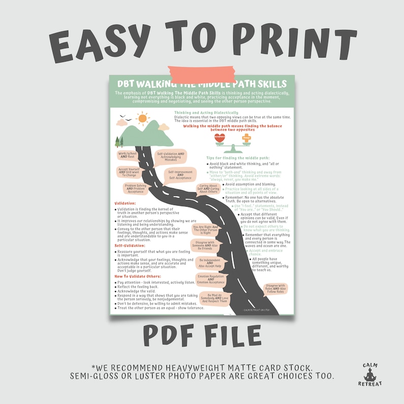 DBT Walking the Middle Path Skills Handout: Therapy Counseling Poster ...