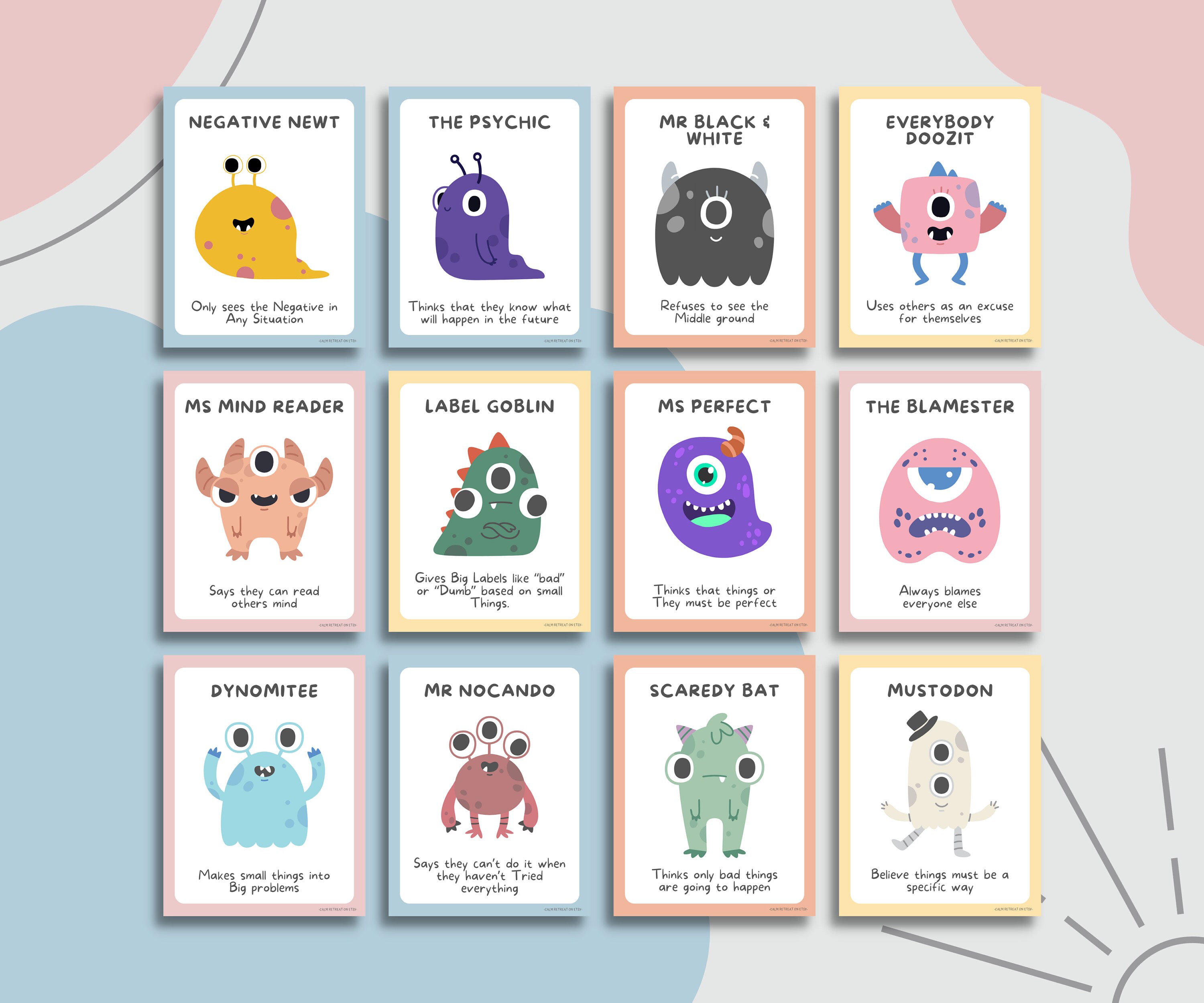 Thinking Trap Cards for Kids and Teens, 12 Thought Monsters Flashcard ...