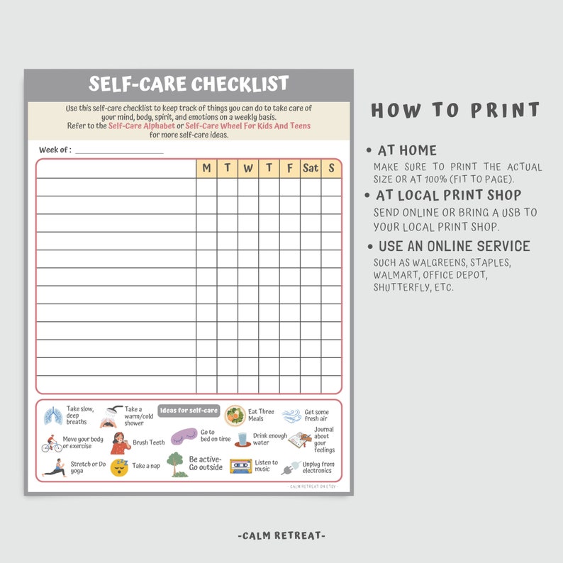 Self-care Checklist Worksheet Kids Teens Young Adults, Mental Health ...